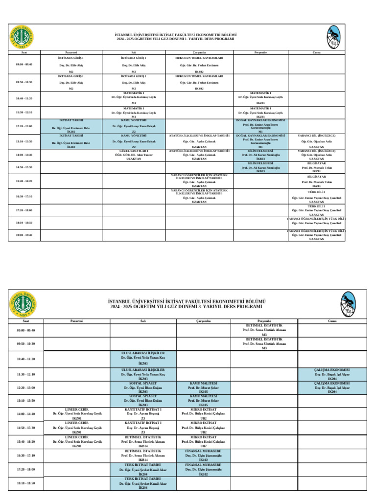 Ekonometri Bolumu 2024 2025 Guz Donemi Ders Programi Guncel 03.10.24 | PDF