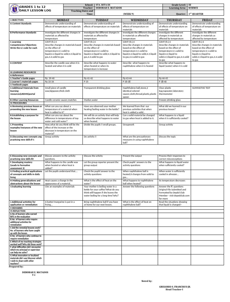 DLL - Science 3 - Q1 - W9 | PDF | Water | Cognition