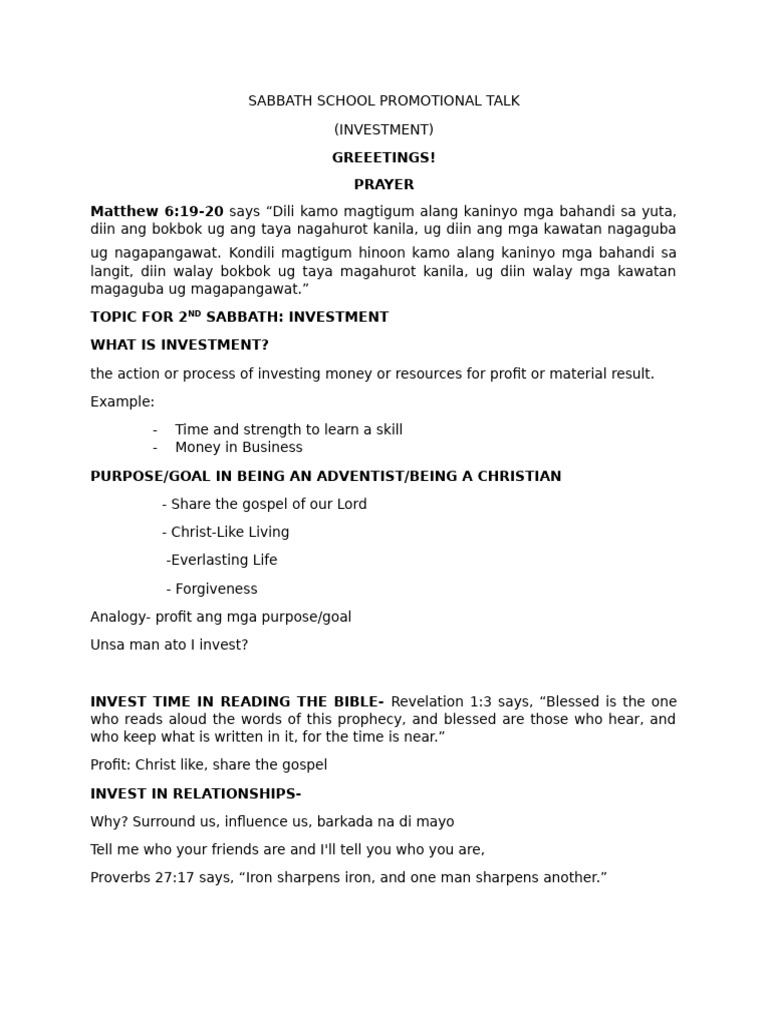Sabbath School Promotional Talk | PDF