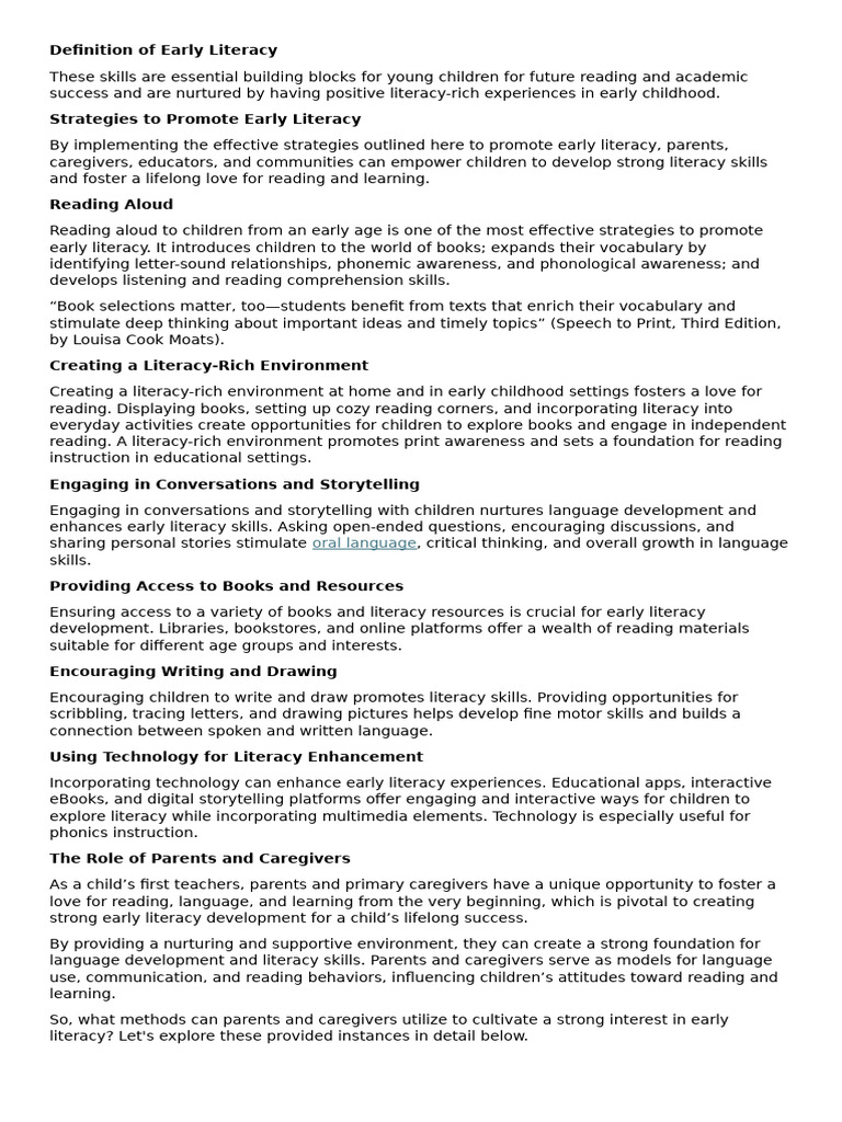 Definition of Early Literacy-NOTE | PDF | Inclusion (Education) | Literacy
