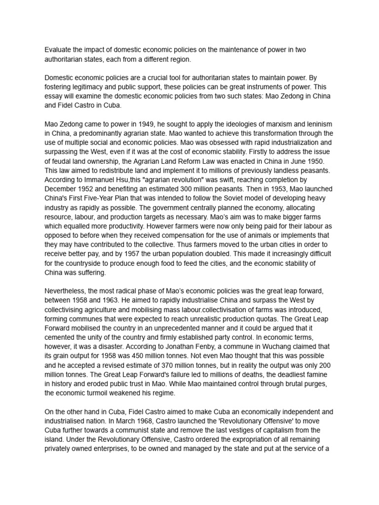 Evaluate The Impact of Domestic Economic Policies On The Maintenance of Power in Two ...