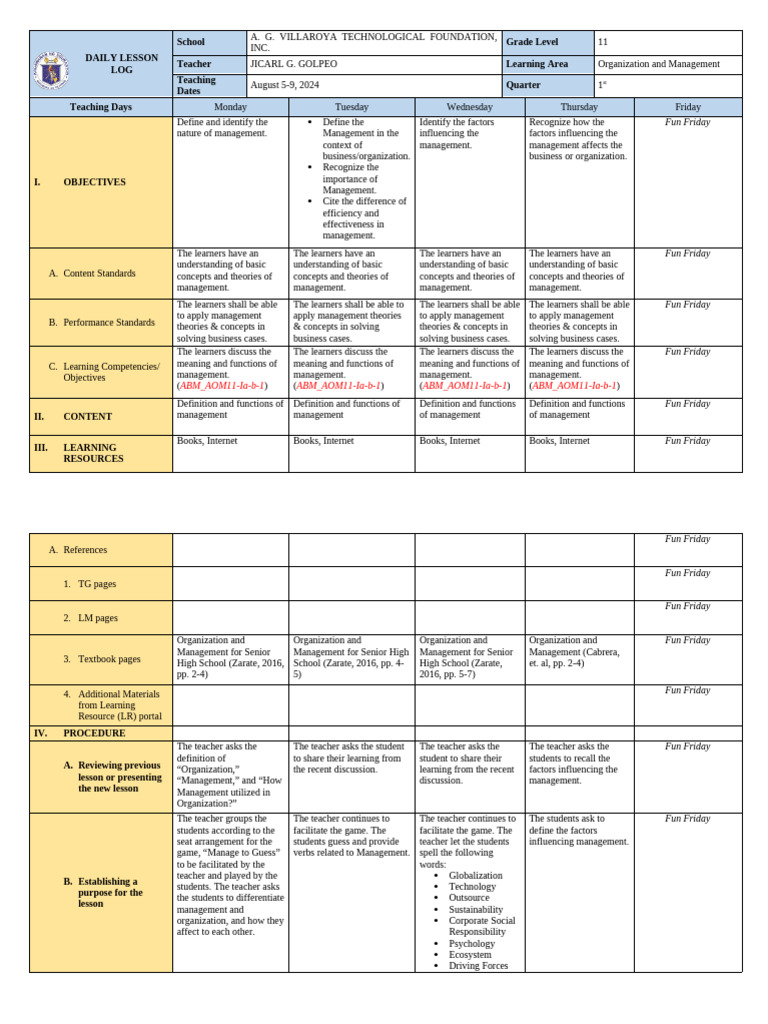 DLL Week 1 - Aug 2024 (Organization and Management) | PDF | Learning | Teachers