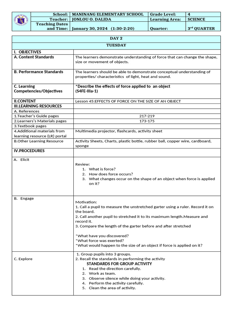 DLL - Science 4 Cot | PDF | Teachers | Force