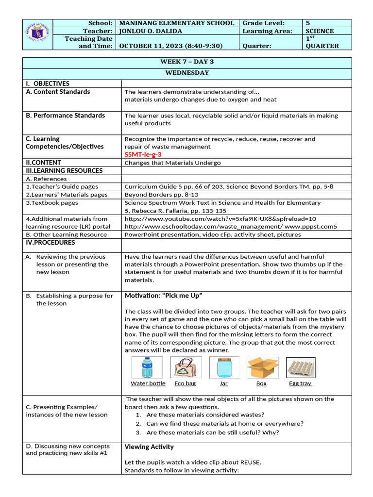 DLL_SCIENCE 5 COT Q1 | PDF | Differentiated Instruction | Behavior Modification