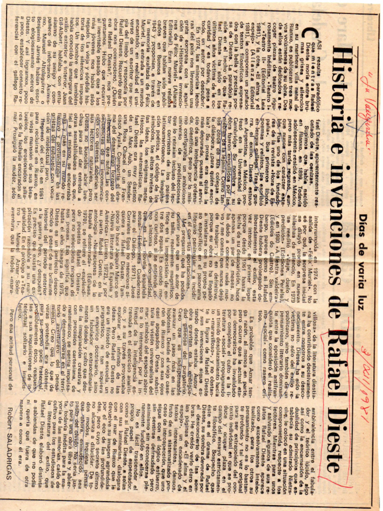 Historia e Invenciones de Rafael Dieste - 3.12.81 | PDF