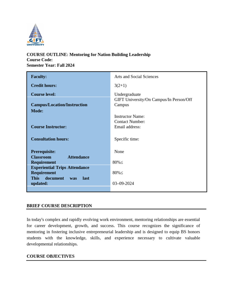 Mentoring For Nation Building Leadership Course Outline | PDF ...