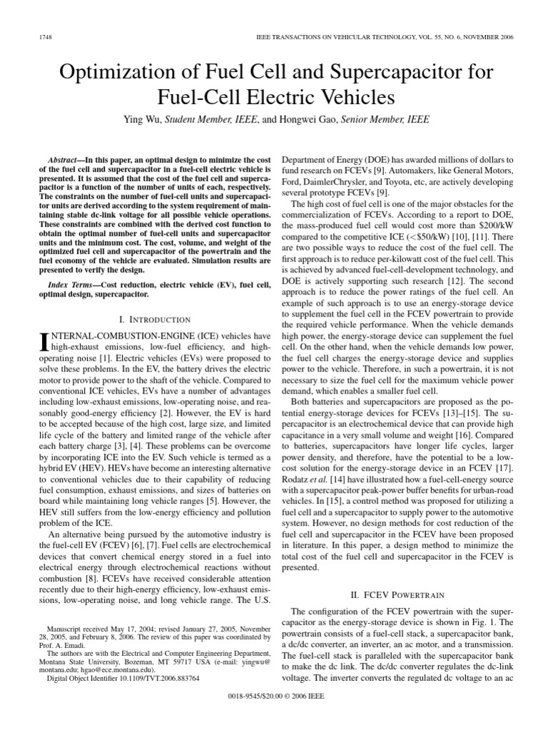 Optimization of Fuel Cell and Supercapacitor For Fuel-Cell Electric Vehicles | PDF | Fuel Cell ...