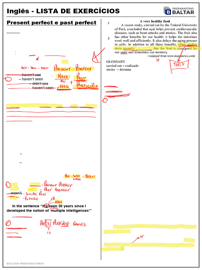 Baltar Verbos Aula 3 Present e Past Perfect (1) - 240619 - 211818 | PDF ...
