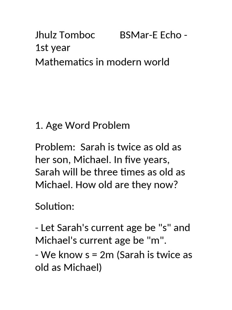 SOLVING: Age Word Problem/mixture Problem and Distance, Rate and Time Problem | PDF | Algebra ...