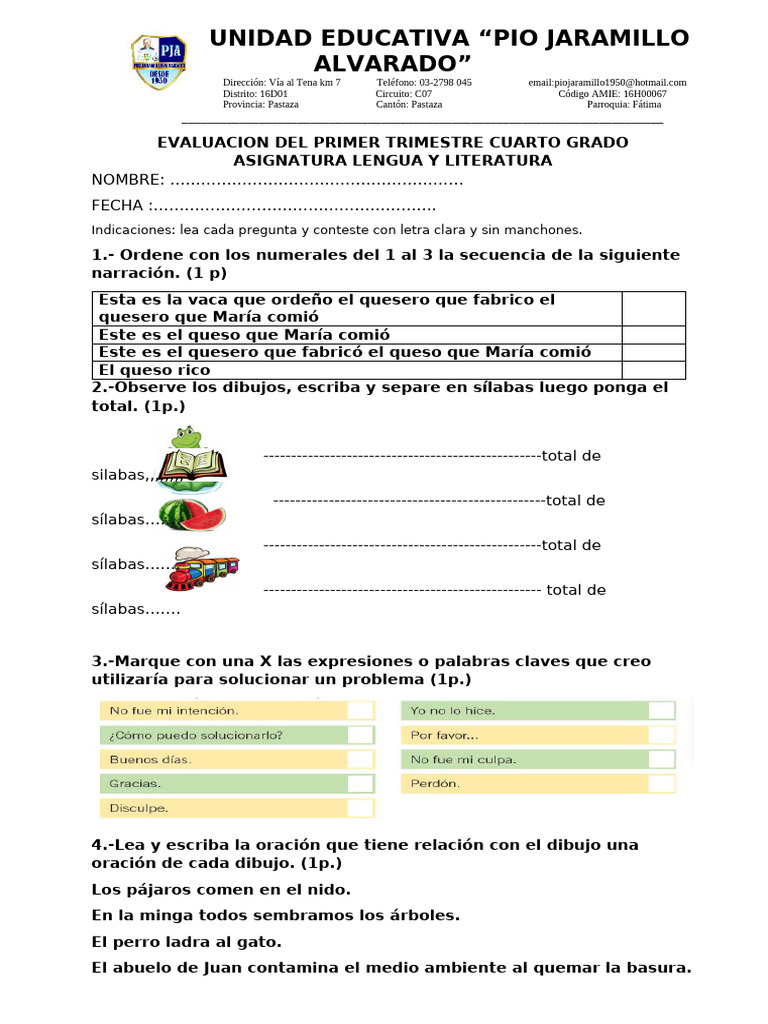 Examen I Trimestre Cuarto Grado | PDF | Métodos y materiales de enseñanza
