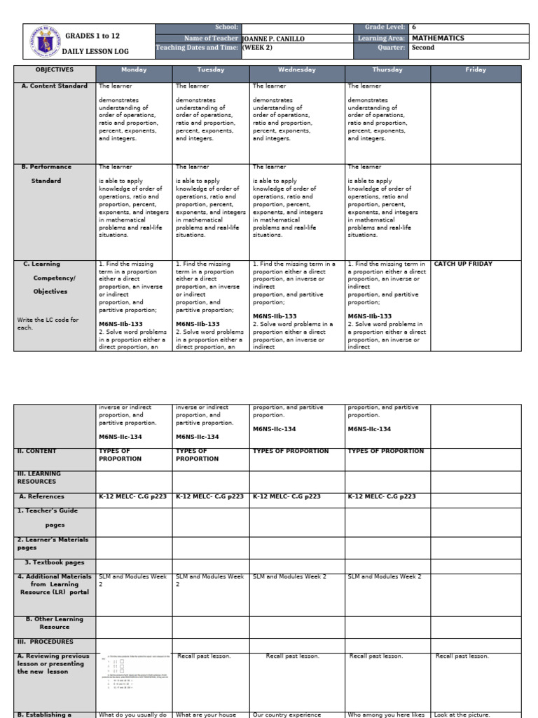 DLL - Mathematics 6 - Q2 - W2 | PDF | Ratio | Learning