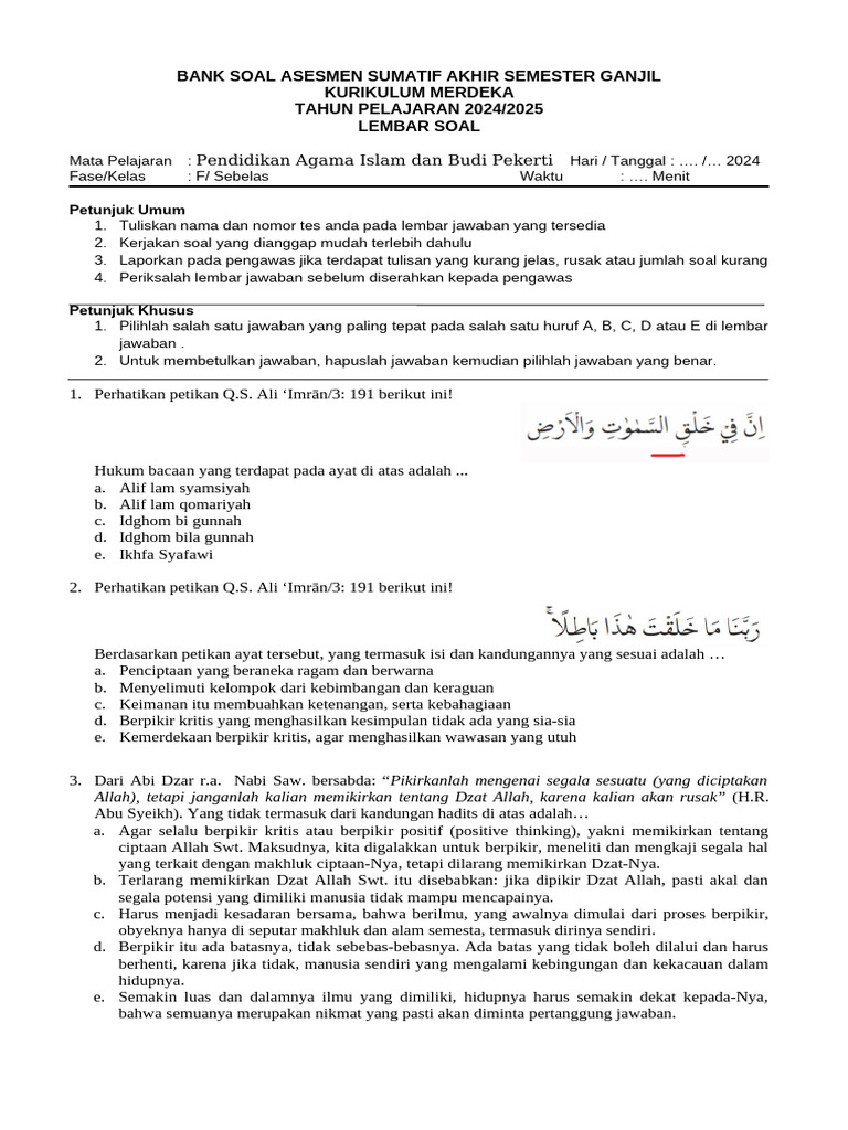 PAI&BP Kelas XI Kumer Soal | PDF