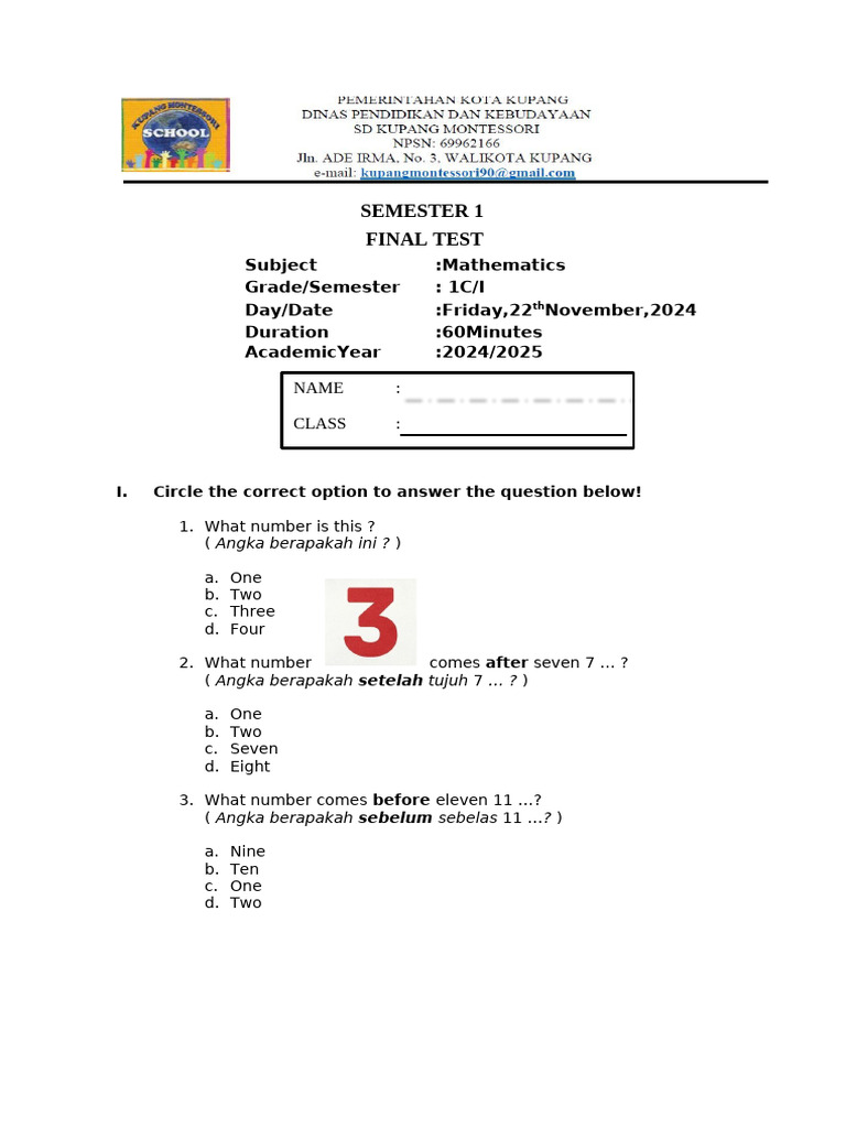 Grade 1 Mathematics Final Test 2024 Pdf