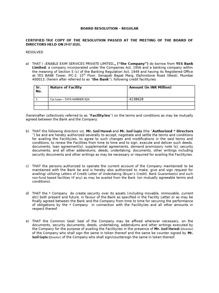 0 - Board Resolution - Format | PDF | Business | Banking