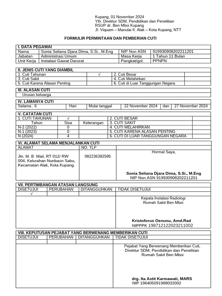 Form Cuti Tahunan Sonia | PDF