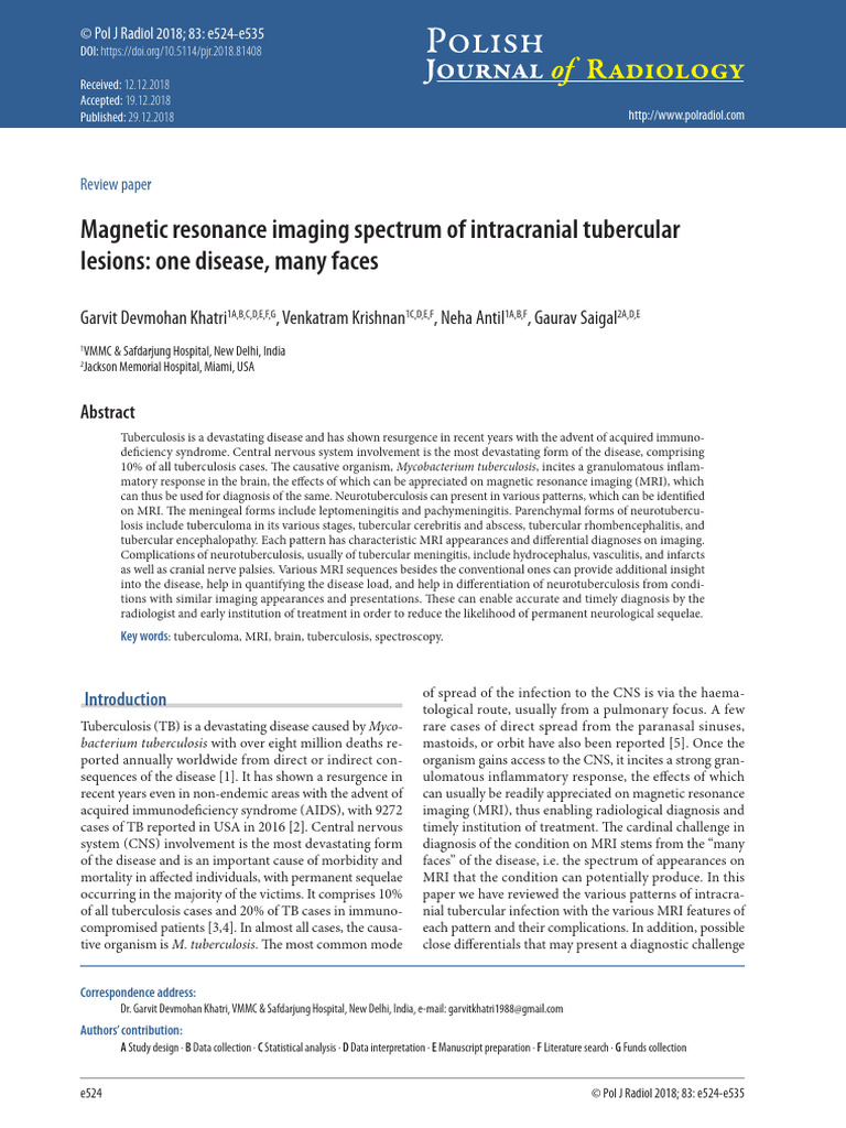 Magnetic Resonance Imaging Spectrum of Intracranial Tubercular | PDF ...