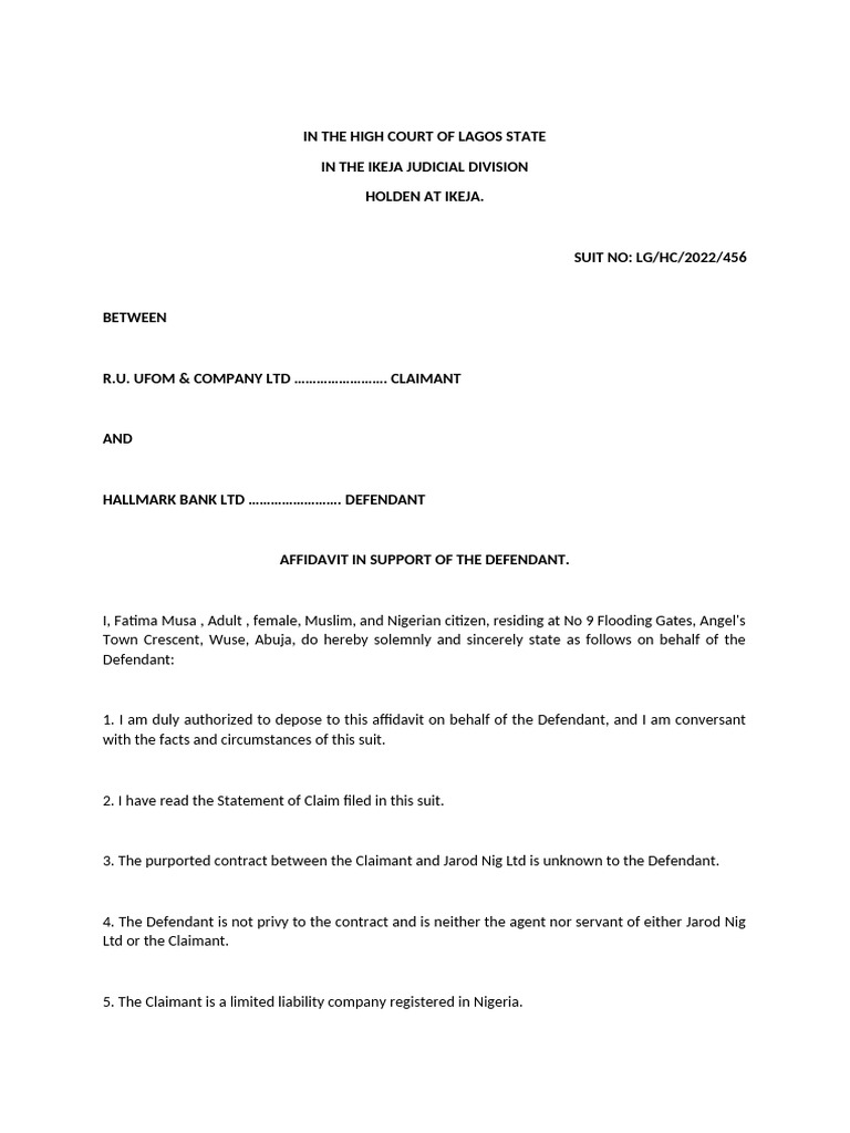 Affidavit of Ufom V Hall-Mark Bank Case. | PDF | Affidavit | Lawsuit