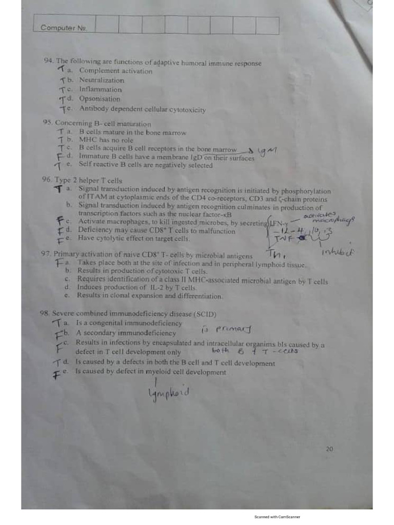 Immunology Micro T or MCQs | PDF