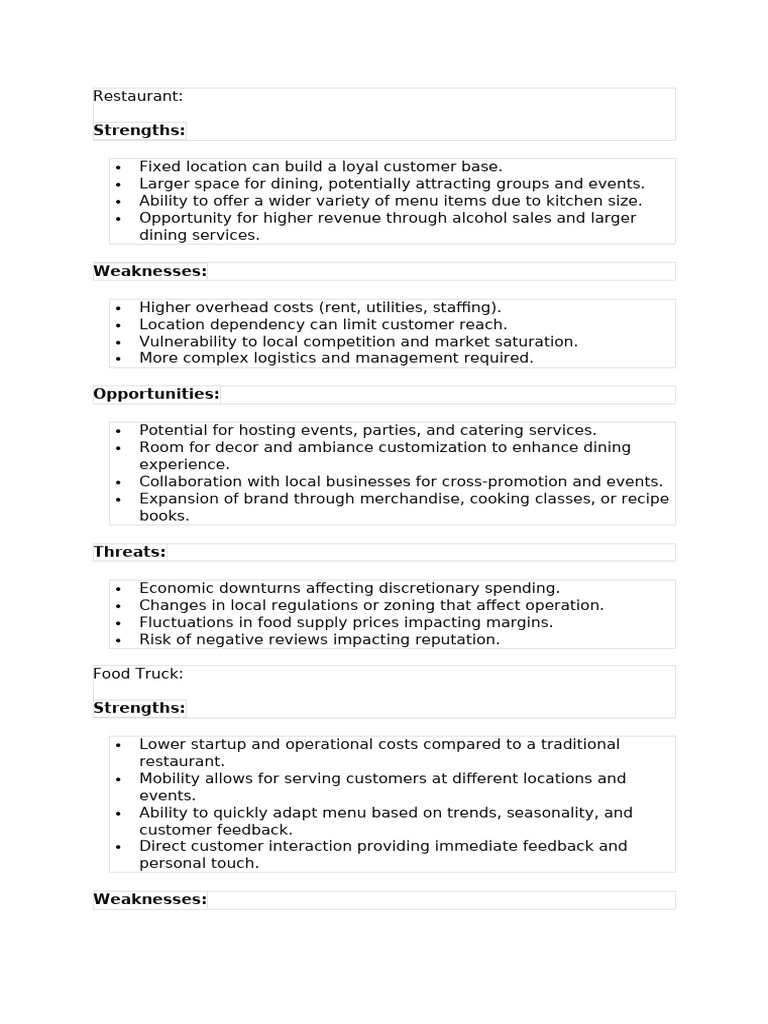SWOT Analysis: Restaurant vs. Food Truck | PDF | Restaurants | Menu