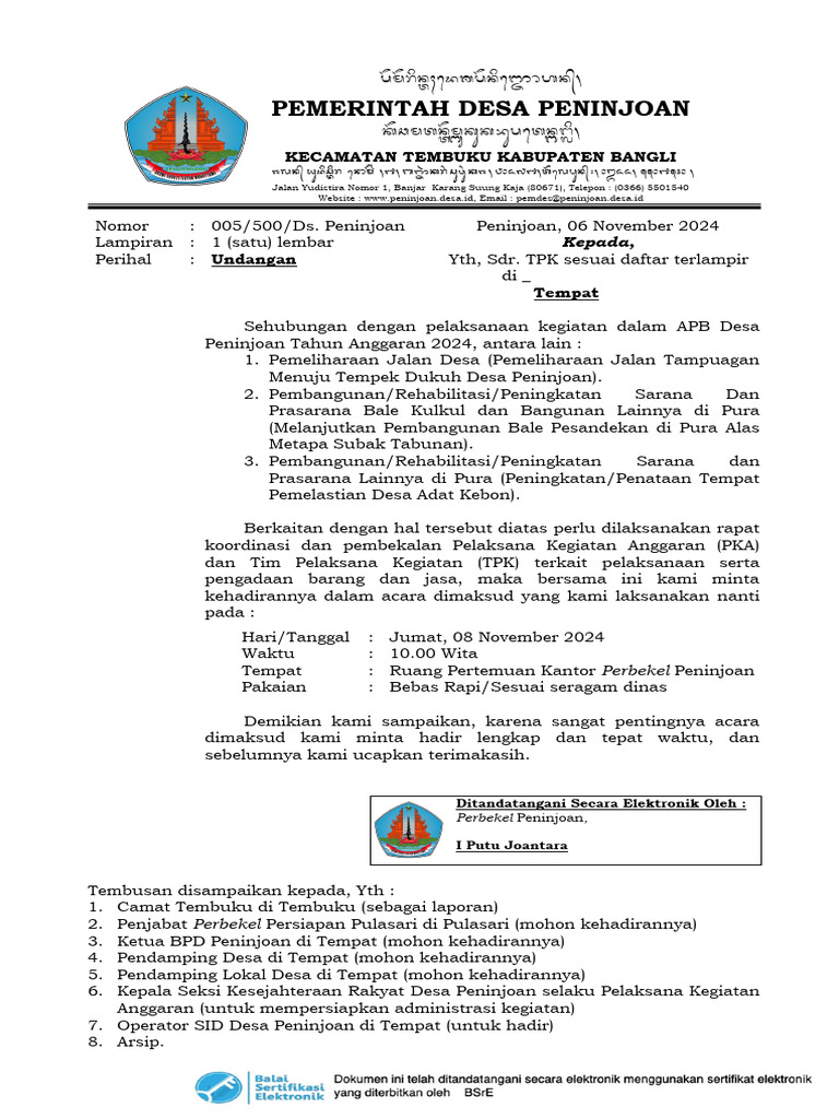 Undangan Rapat Koordinasi PKA TPK | PDF