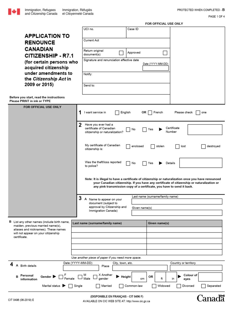 Application To Renounce Canadian Citizenship - R7.1 | PDF ...