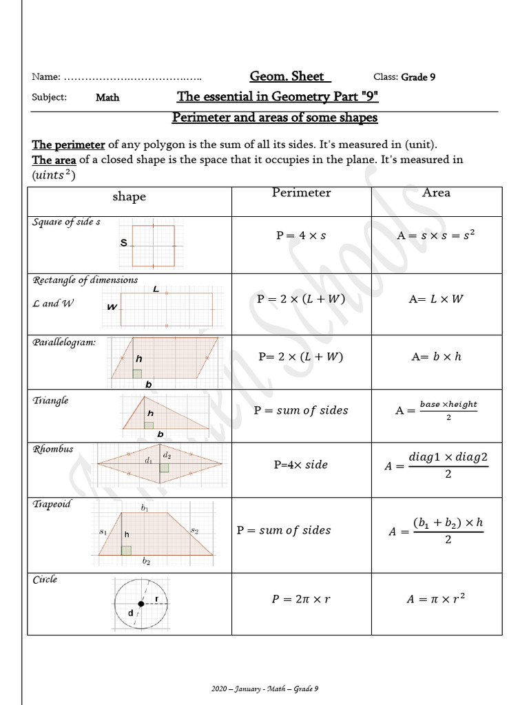 Geometry Sheet Part 9 10 Grade 9 January 2020 | PDF | Circle | Area