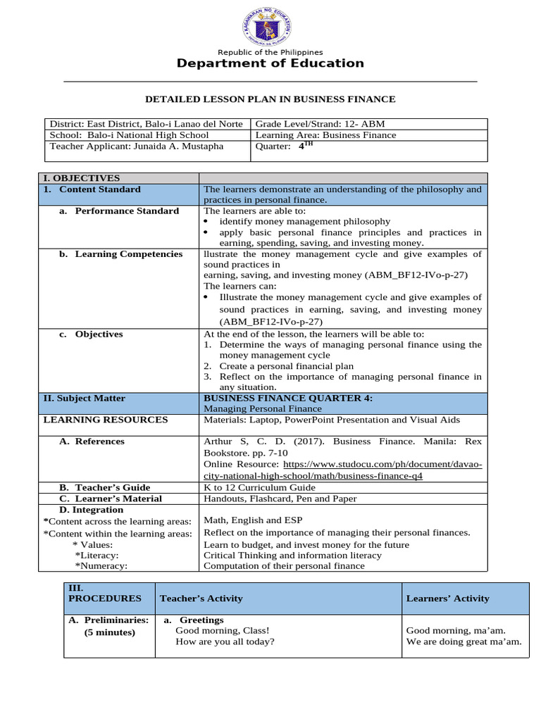 Lesson Plan: Managing Personal Finance | PDF | Taxes | Expense