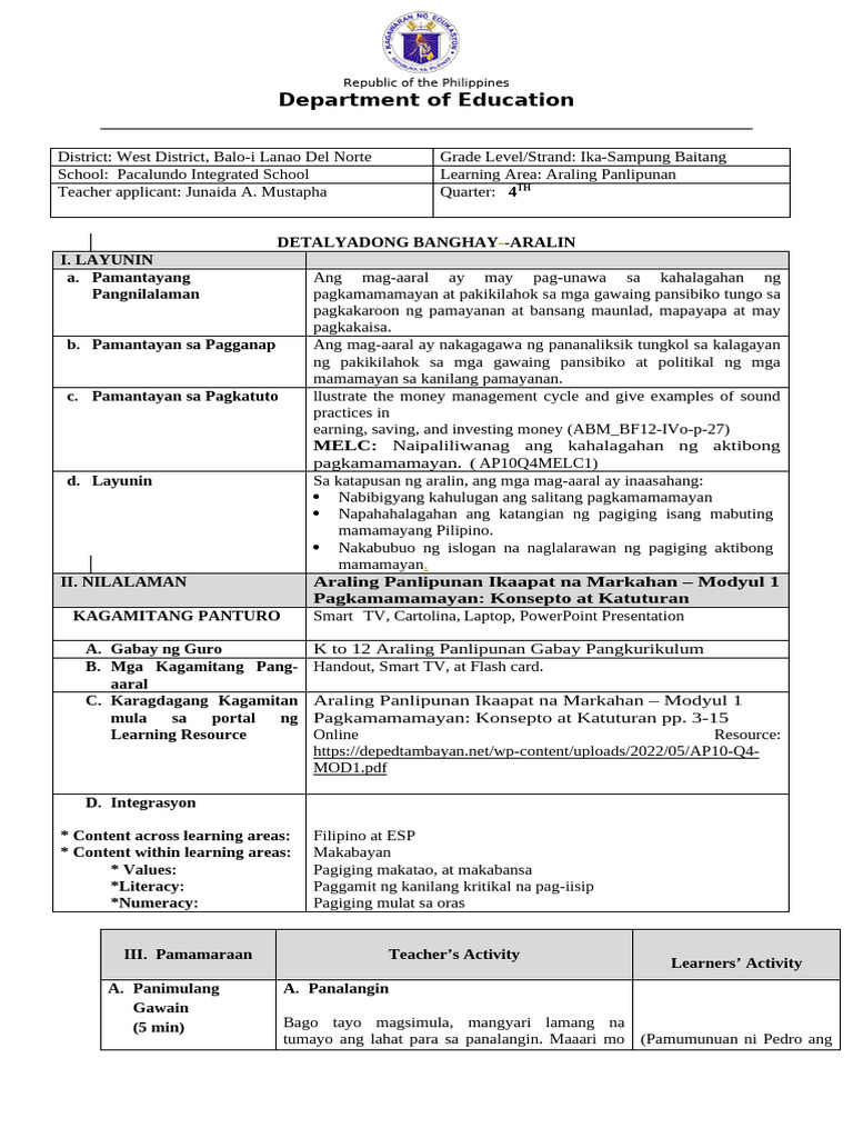 Lesson Plan For Araling Panlipunan 9 (DepEd) | PDF