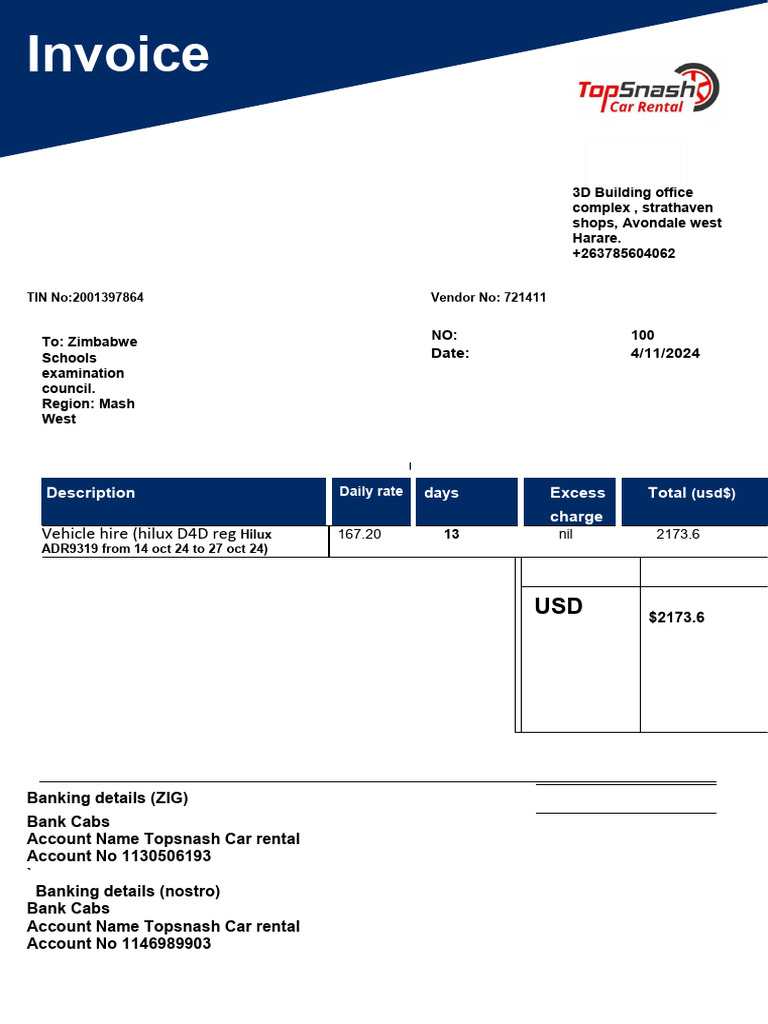 Invoice for Vehicle Hire by Topsnash | PDF