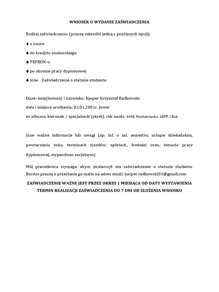 Wniosek o Wydanie Zaświadczenia - Kacper Radkowski | PDF
