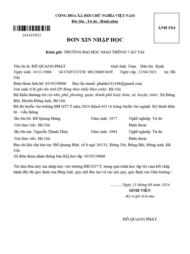 Don Xin Nhap Hoc | PDF