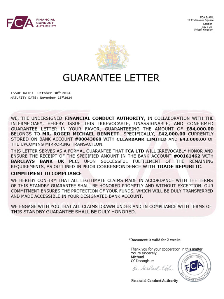 FCA Guarantee Letter for £84,000 | PDF