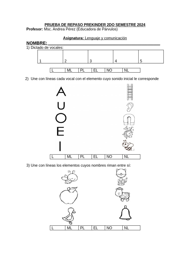 Prueba de Repaso Prekinder 2do Semestre 2024 | PDF