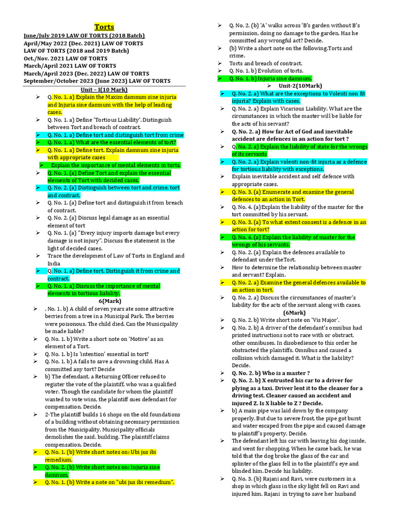 Key Questions in Law of Torts | PDF | Tort | Defamation