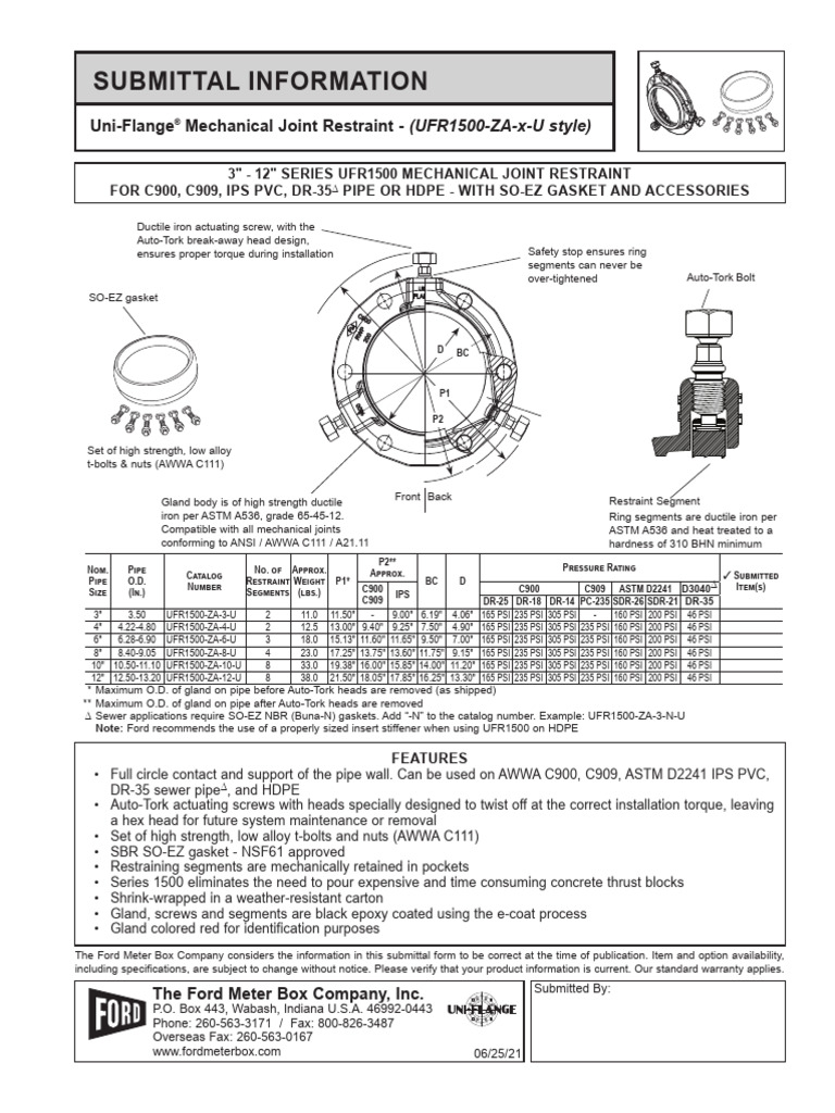 Submittal Information: Uni-Flange Mechanical Joint Restraint | PDF | Pipe (Fluid Conveyance ...