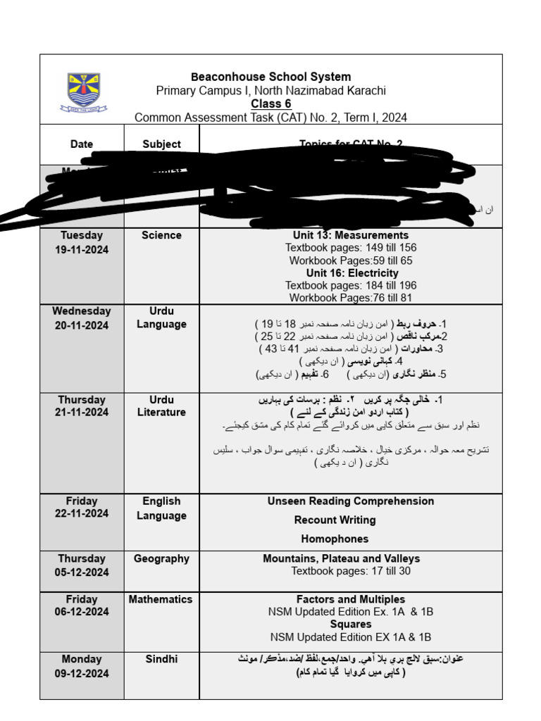 Class 6, CAT 2 Timetable | PDF