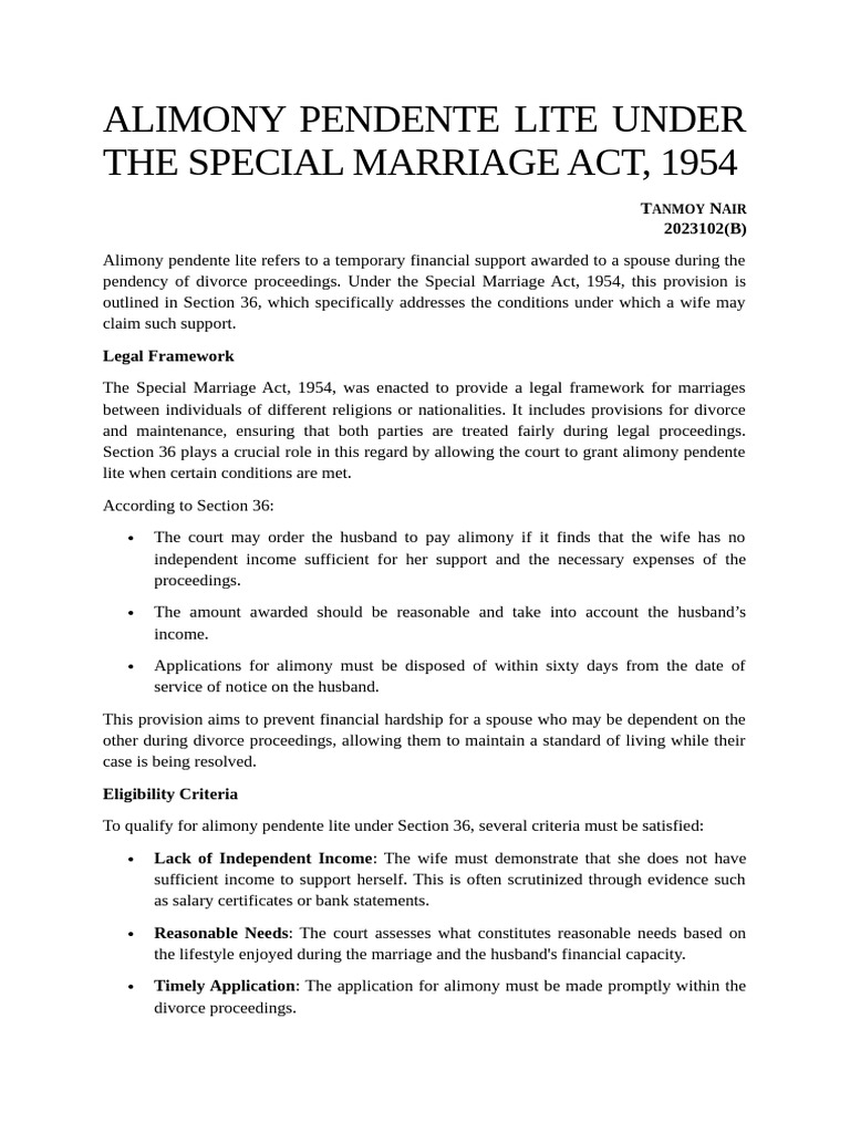 Alimony Pendente Lite Under The Special Marriage Act | PDF | Alimony ...