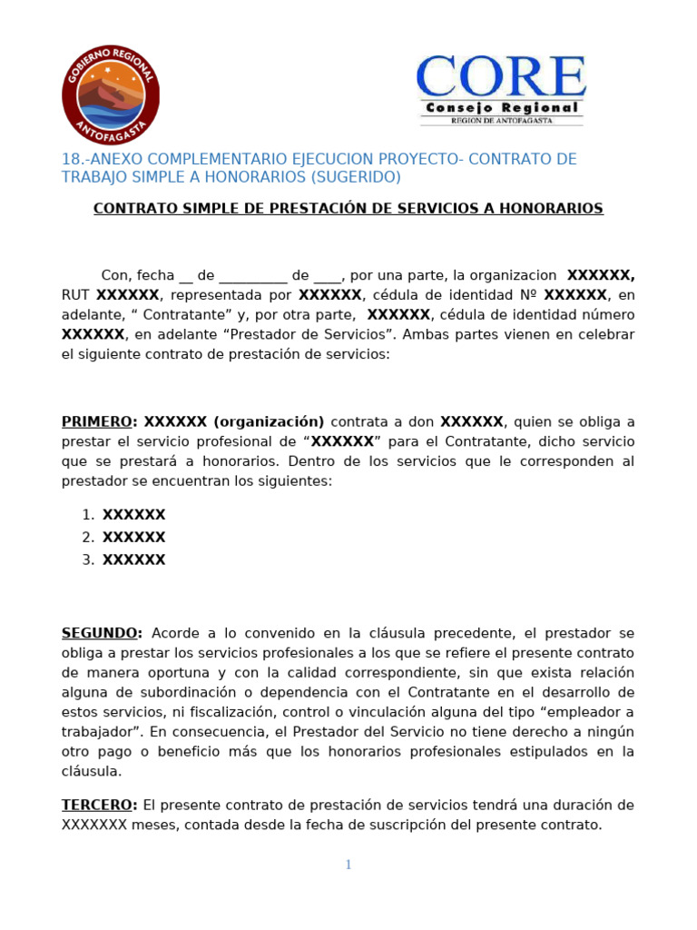 Anexo Complementario Ejecucion Proyecto Contrato de Trabajo Simple A Honorarios | PDF