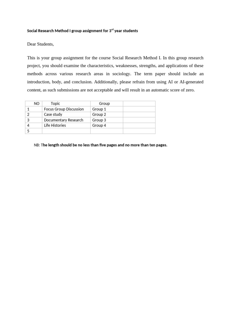 Social Research Method Group Assignment For 3rd Year Students | PDF