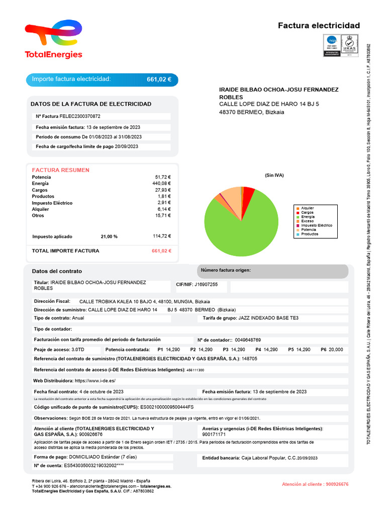 Factura TotalEnergies Septiembre 2023 | PDF | Factura | Gas natural