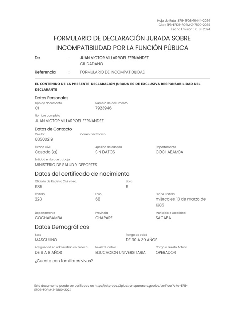 Formulario de Declaración Jurada Sobre Incompatibilidad Por La Función ...