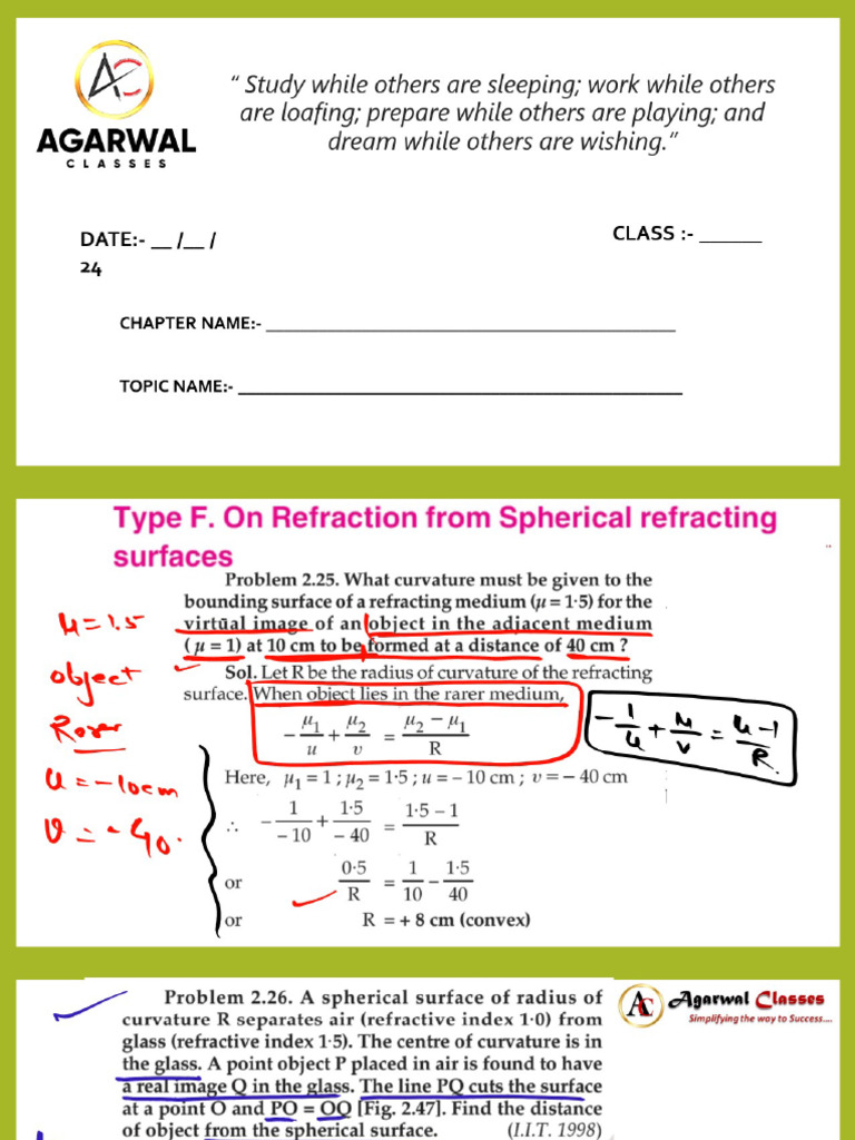 Numericals Refraction At Convex Surfaces Pdf