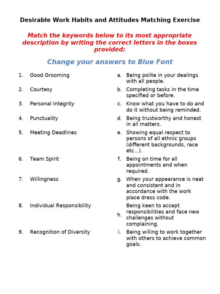 Desirable Work Habits Matching Exercise | PDF