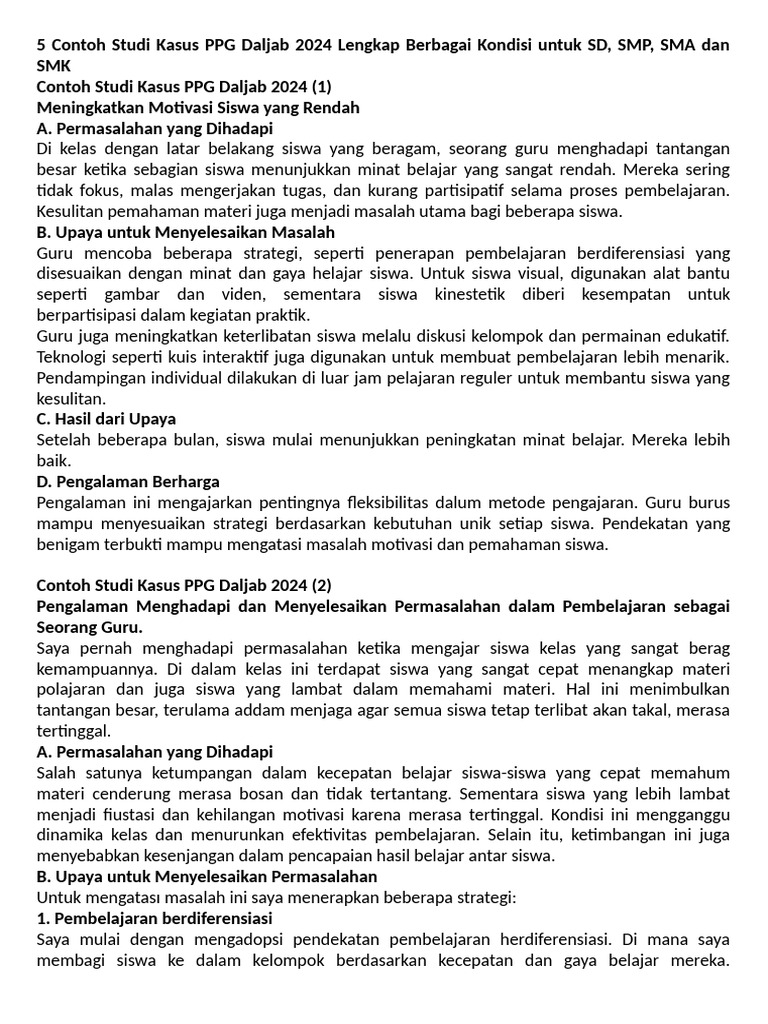 5 Contoh Studi Kasus PPG Daljab 2024 Lengkap Berbagai Kondisi Untuk SD | PDF