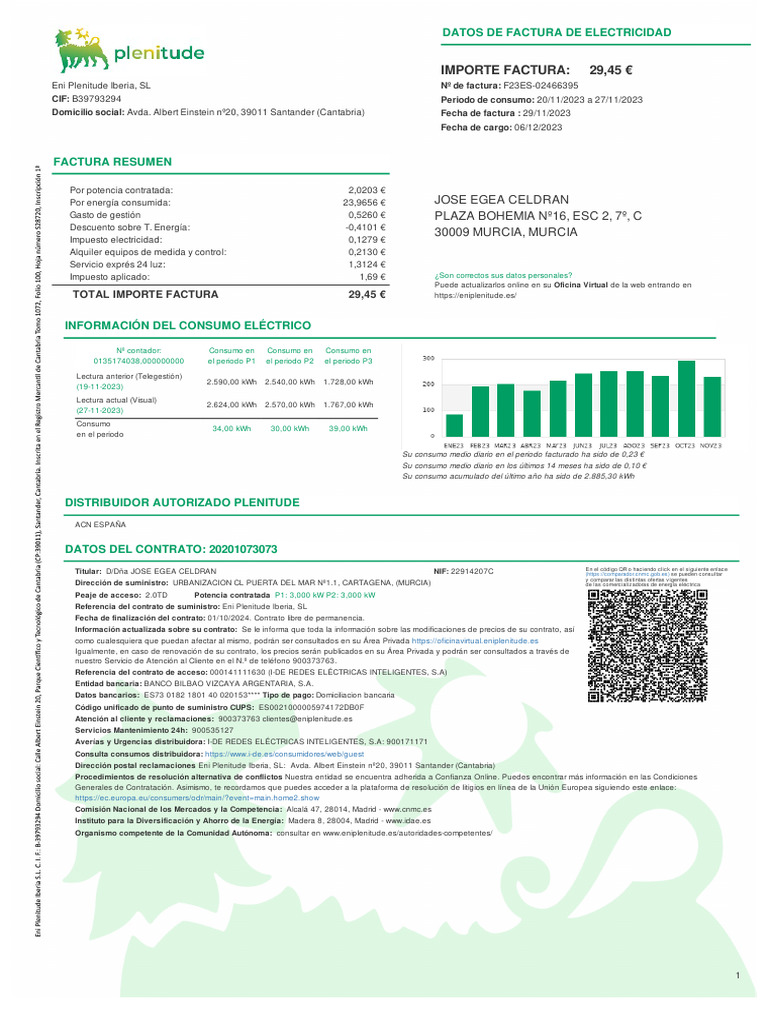 Factura de Luz Plenitude Noviembre 2023 | PDF | Energía renovable | Uso ...