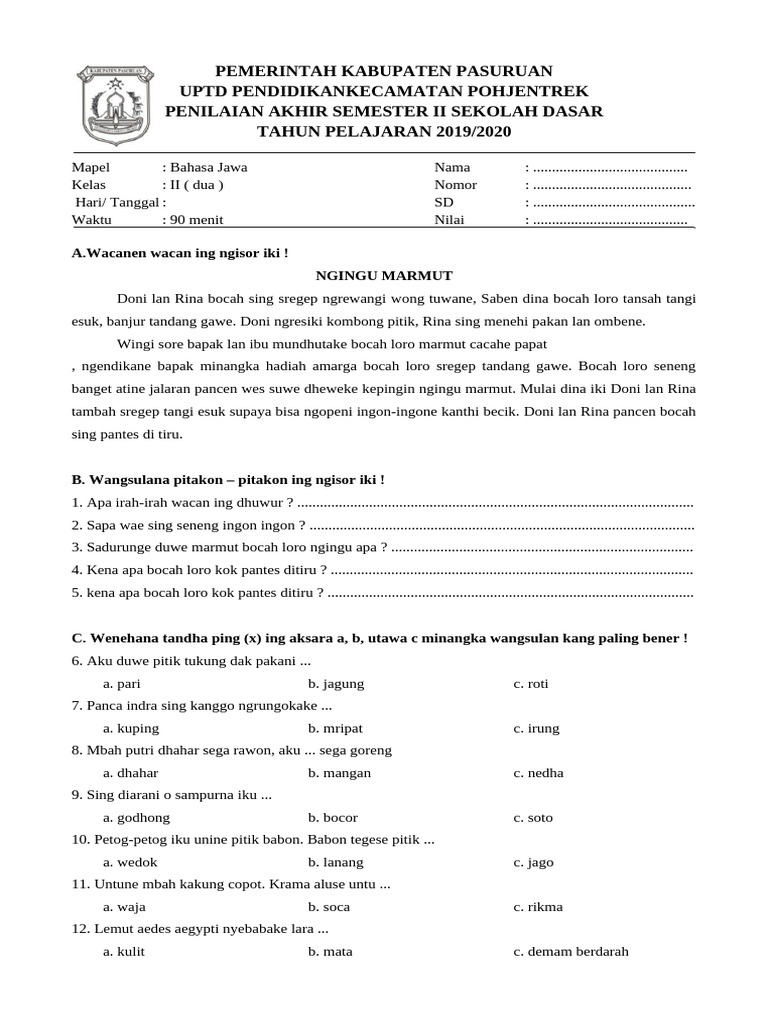 Soal Pas Bahasa Jawa Kelas 2 | PDF