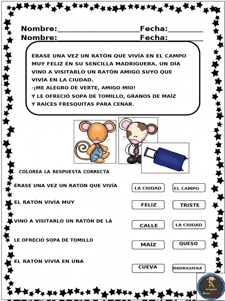 Fichas Comprensión Lectora El Ratón de Ciudad y El Ratón de Campo | PDF ...