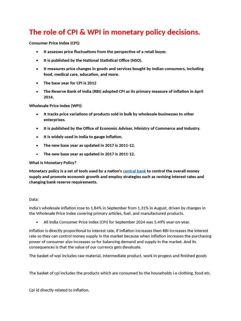 The Role of CPI and Wpi | PDF | Inflation | Consumer Price Index