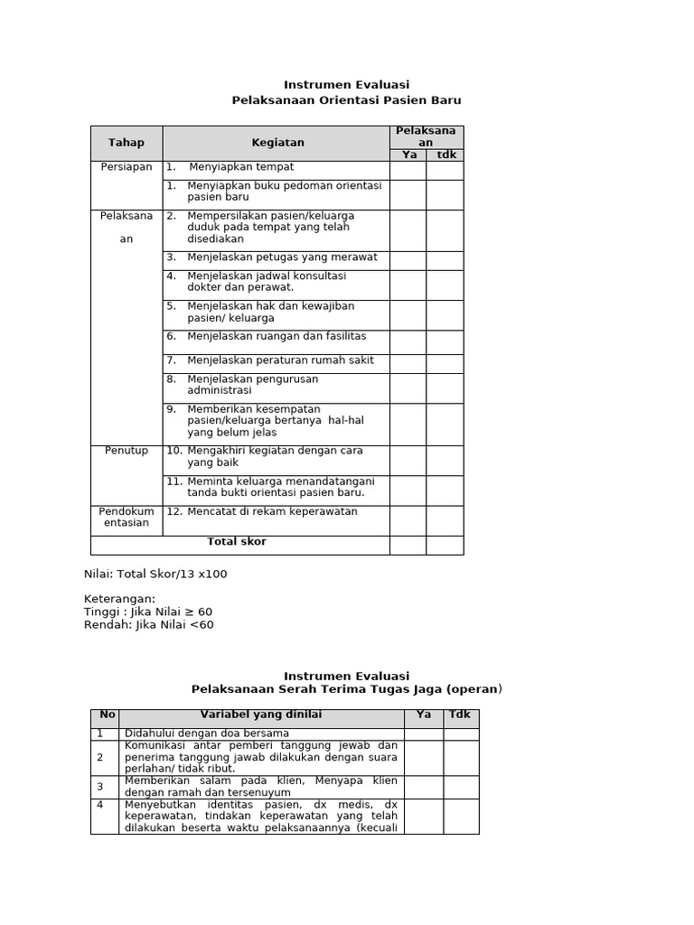 Instrumen Orientasi Pasien Baru, Discharge Planning, Operan | PDF