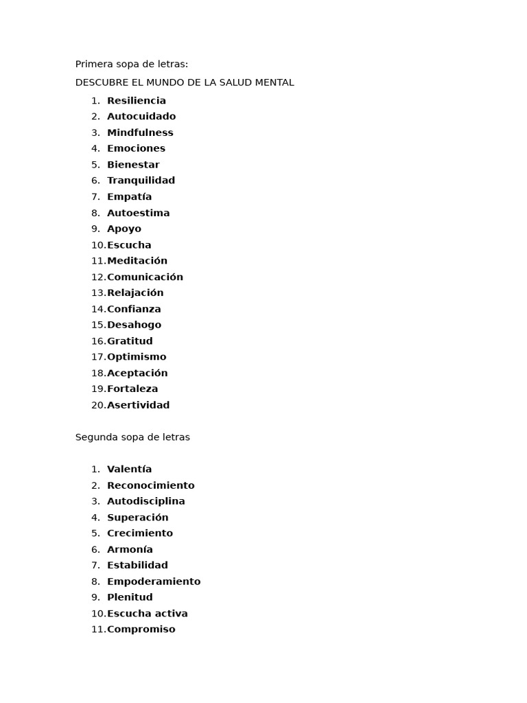 Sopa de Letras: Salud Mental y Bienestar | PDF